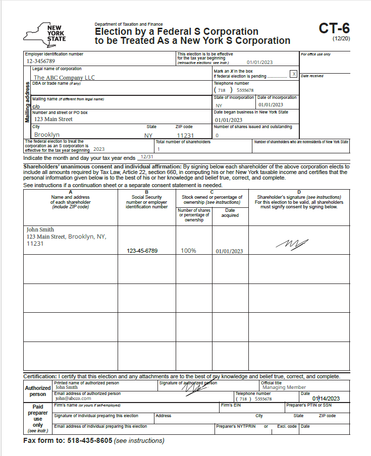 NY State S Corp Election - CT-6 Form – Collective